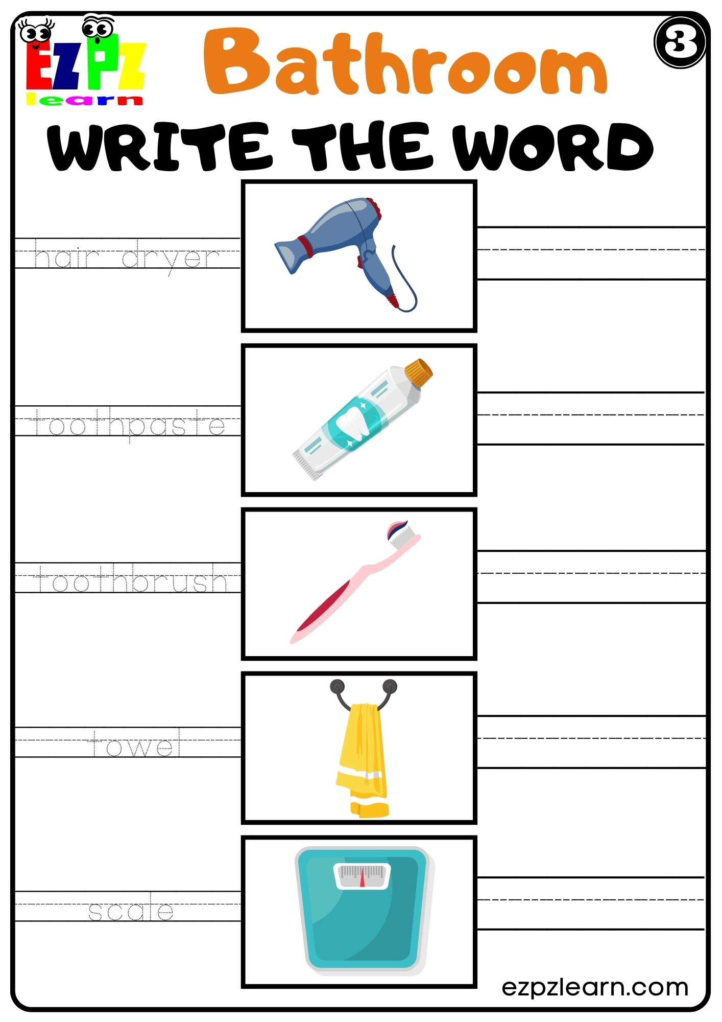 Bathroom Write the Word Worksheet Set 3 for ESL and Homeschool PDF Download - Ezpzlearn.com